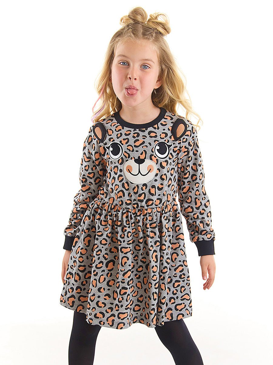 leopar desenli gri kiz çocuk elbise – Justyol